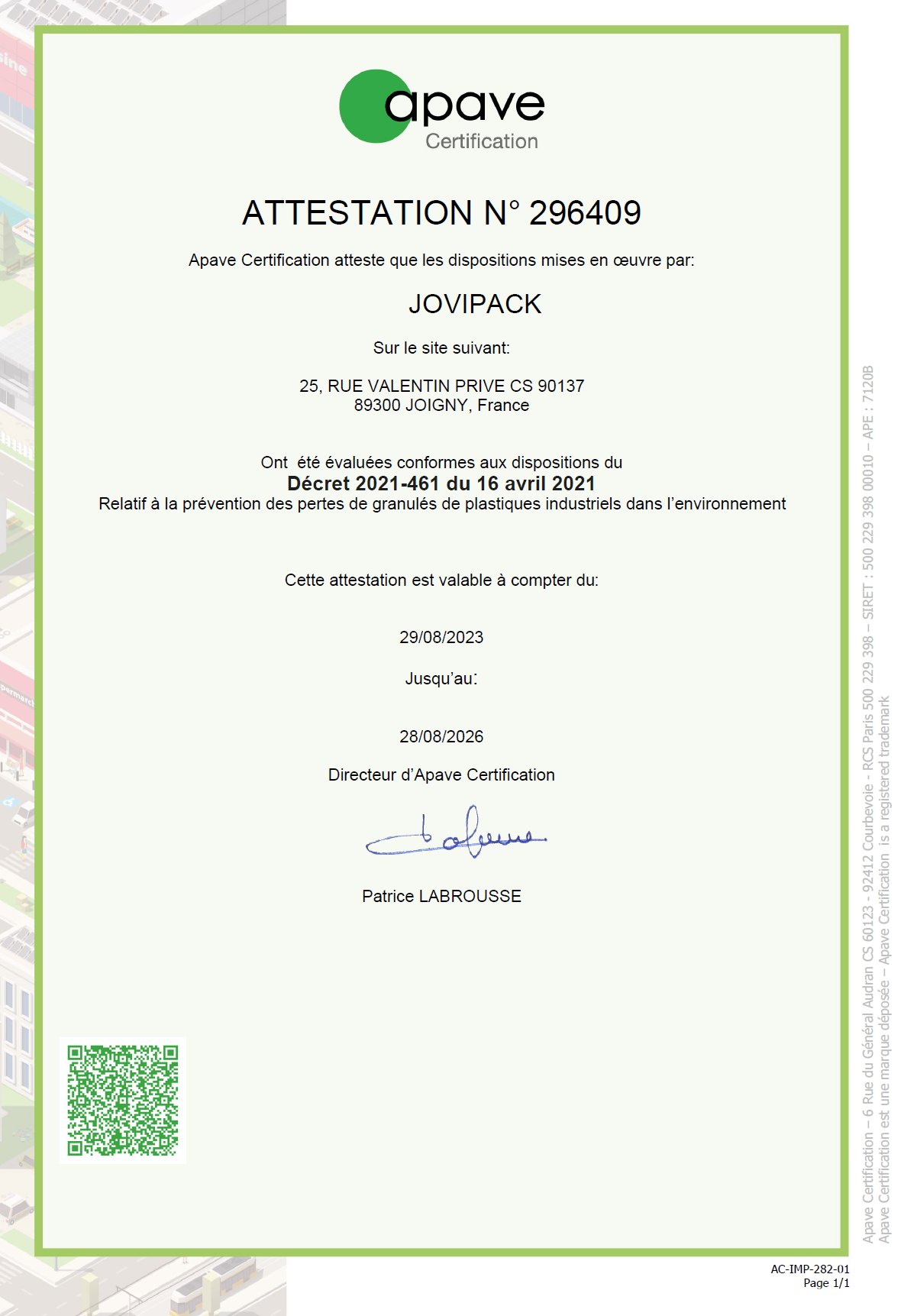 Certificats – Jovipack